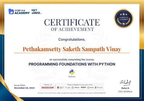 earned python certificate with rahul attuluri sir saketh sampath vinay posted on the topic