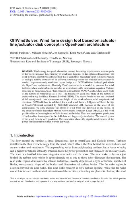 Pdf Offwindsolver Wind Farm Design Tool Based On Actuator Lineactuator Disk Concept In