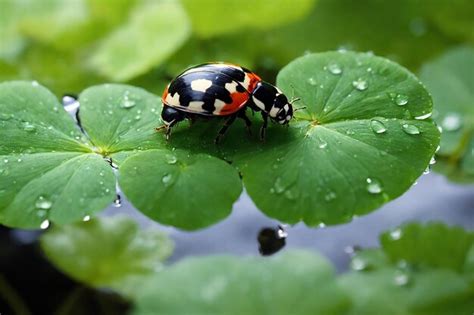 Premium Photo Ladybug On A Leaf Of The Lotus With Water Drops
