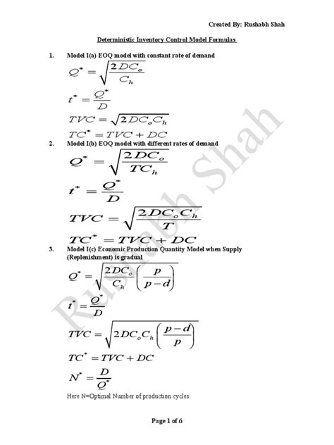 Deterministic Inventory Control Model Formulas Rushabh Pdf