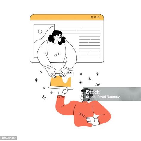 웹 인터페이스에서 남자와 여자 캐릭터를 사용한 생산성 작업 벡터 일러스트레이션 관리 가득 찬에 대한 스톡 벡터 아트 및 기타