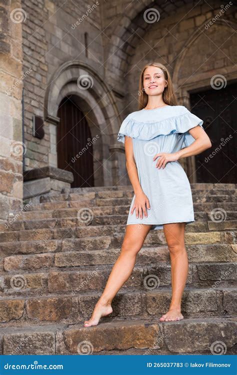 Blond Girl Posing Barefoot On Barcelona Stock Image Image Of Woman