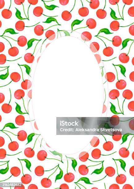 손으로 그린 수채화 잘 익은 체리 와 녹색 잎 프레임 테두리 절연 통하고 있는 백색 배경 엽서 초대장 스크랩북 및 기타 인쇄물에 사용할 수 있습니다 0명에 대한 스톡 벡터