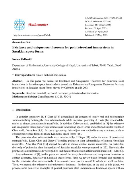 Pdf Existence And Uniqueness Theorems For Pointwise Slant Immersions