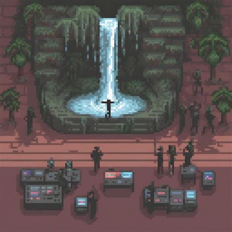 Pixel Art Video Game Screenshot With A Majestic Waterfall Backdrop