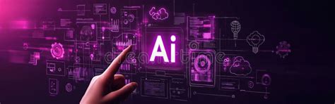 Hand Touching Digital Ai Interface With Technology Icons Stock Illustration Illustration Of