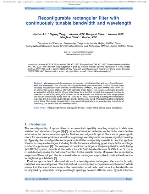 Pdf Reconfigurable Rectangular Filter With Continuously Tunable Bandwidth And Wavelength