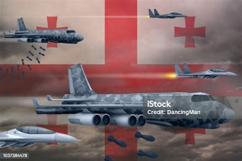 조지아 공군 폭격 공격 개념 조지아 육군 공기 비행기 플래그 배경에 드롭 폭탄 3 차원 일러스트 레이 션 공군에 대한 스톡 사진 및 기타 이미지 Istock