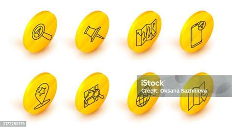 위치 마커가 있는 접힌 지도 돋보기 지구본 지도 포인터 별 도시 탐색 인포그래픽 푸시 핀 및 검색 아이콘을 설정합니다 벡터 3차원 형태에 대한 스톡 벡터 아트 및 기타