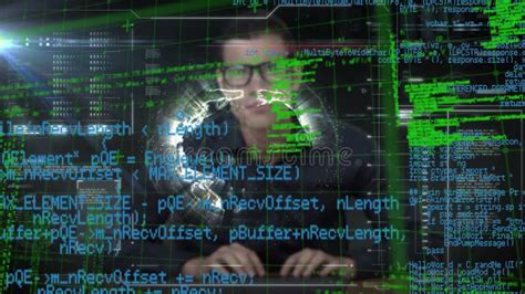 animation of data processing and world map over caucasian male hacker