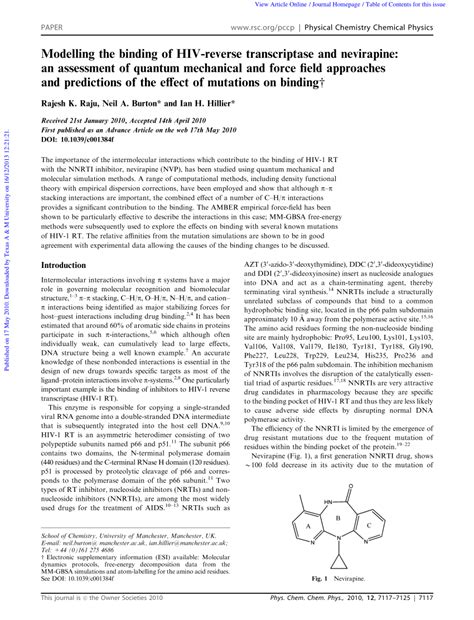 Pdf Modelling The Binding Of Hiv Reverse Transcriptase And Nevirapine An Assessment Of