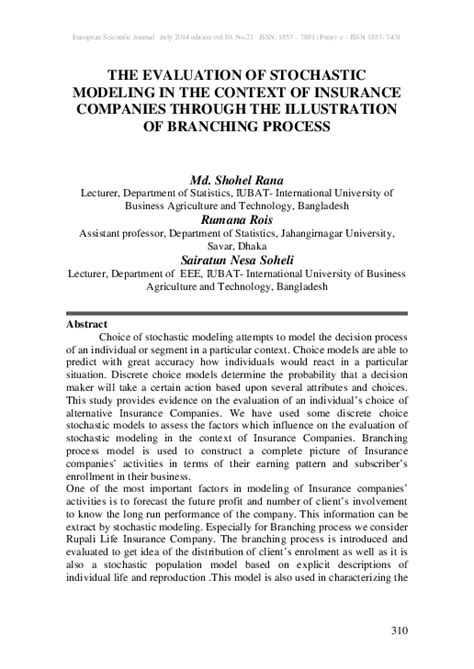 Pdf The Evaluation Of Stochastic Modeling In The Context Of Insurance Companies Through The