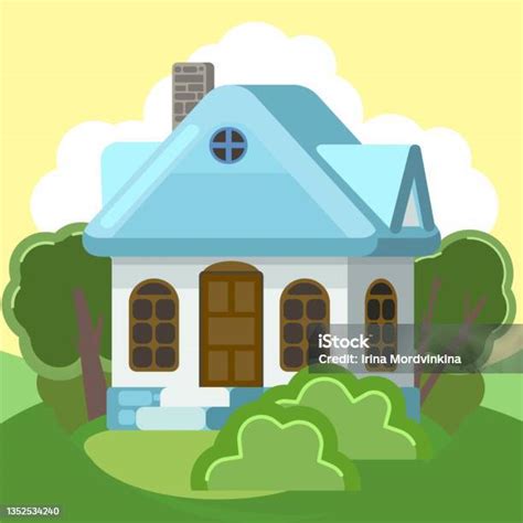 흰색 벽과 밝은 파란색 지붕작은 시골 집 재미있는 만화 스타일 시골 교외 마을 전통적인 간단한 아키텍처 어린이를위한 그림 벡터 0명에 대한 스톡 벡터 아트 및 기타 이미지