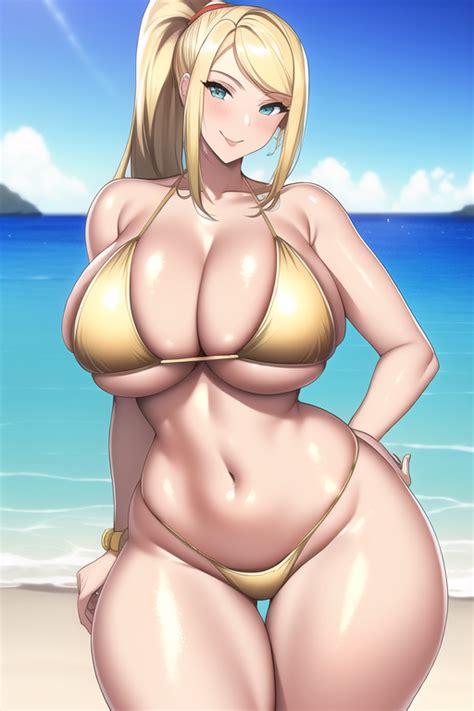 Rule 34 Ai Generated Beach Bikini Blonde Hair Blue Eyes Gigantic Breasts Gold Bikini Hand On