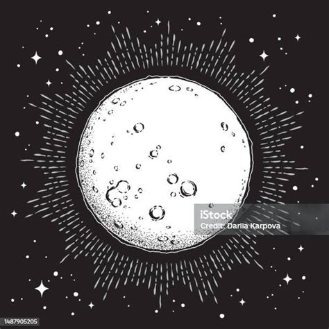 앤티크 스타일의 손으로 그린 라인 아트와 도트 작업은 빛의 광선으로 보름달을 작업합니다 보헤미안 세련된 문신 또는 인쇄 디자인 벡터 그림 달 하늘에 대한 스톡 벡터 아트 및