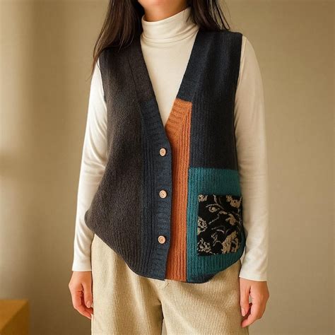 Vintage Patchwork Knit Vest Color Block Sweater Cardigan Etsy