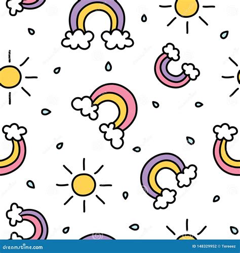 Rainbow And Sun Doodle Cute Pattern Colorful Pastel Stock Vector