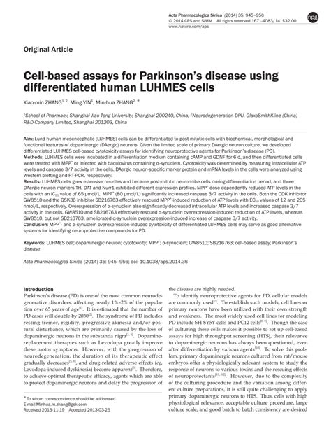 Pdf Cell Based Assays For Parkinsons Disease Using Differentiated