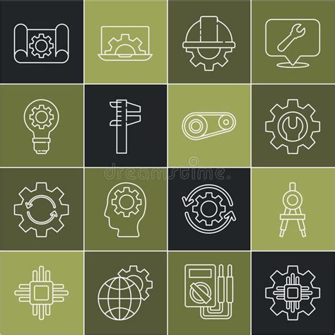 Set Line Processor Drawing Compass Wrench Spanner And Gear Worker Safety Helmet Calliper