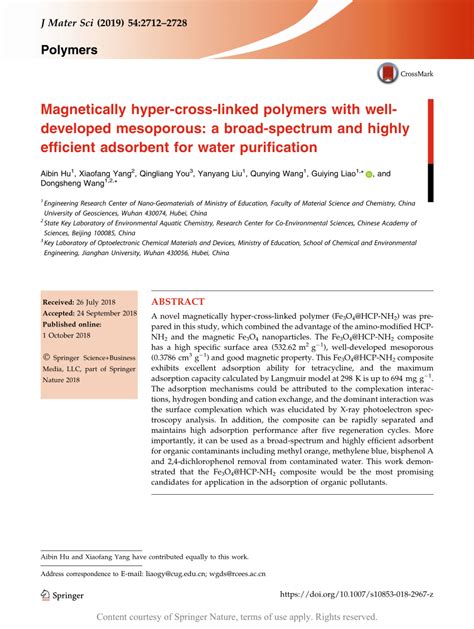 Magnetically Hyper Cross Linked Polymers With Well Developed Mesoporous A Broad Spectrum And