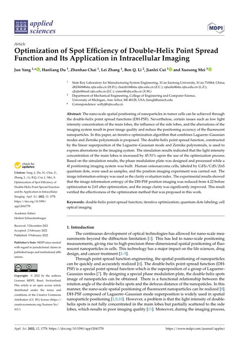 Pdf Optimization Of Spot Efficiency Of Double Helix Point Spread Function And Its Application