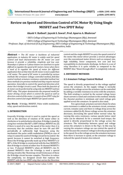 Review On Speed And Direction Control Of DC Motor By Using Single MOSFET And Two SPDT Relay PDF