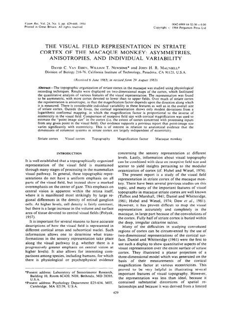 Vanessen1984 The Visual Field Representation In Striate Cortex Of The