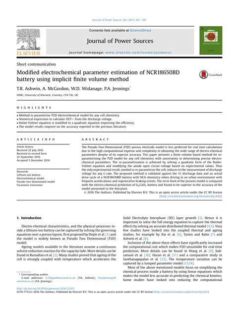 Pdf Modified Electrochemical Parameter Estimation Of Ncr18650bd Battery Using Implicit Finite