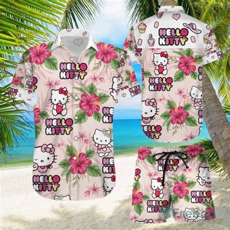 Hello Kitty Flower Cute T Hawaiian Shirts And Short Summer Beach Set