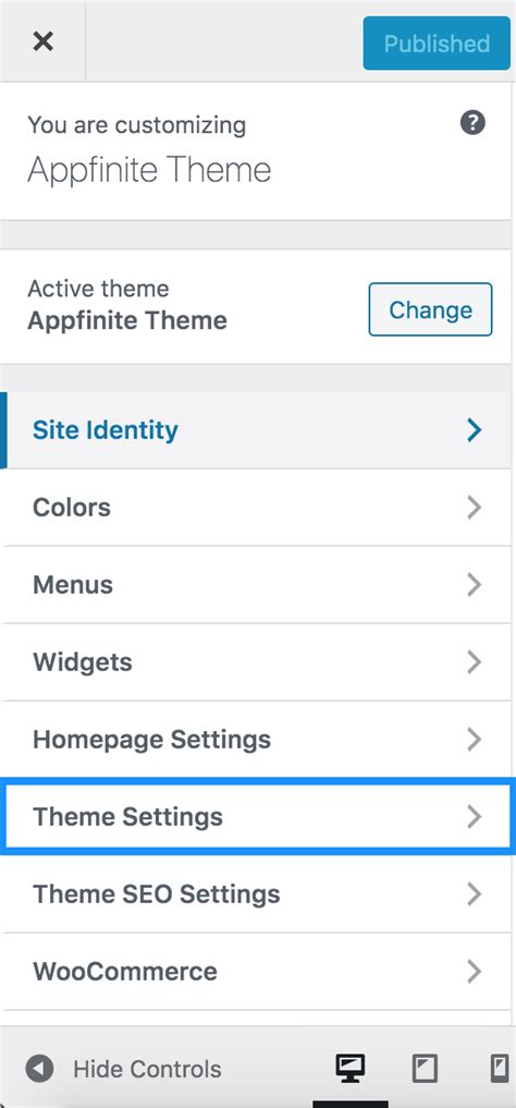 Theme Settings Appfinite