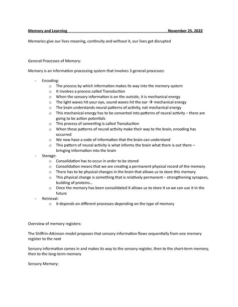 Psych Memory Notes In Class Notes On Memory Memory And Learning November 25 2022 Memories