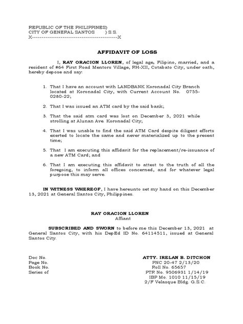 Affidavit Of Loss For Landbank Atm Card Pdf Law