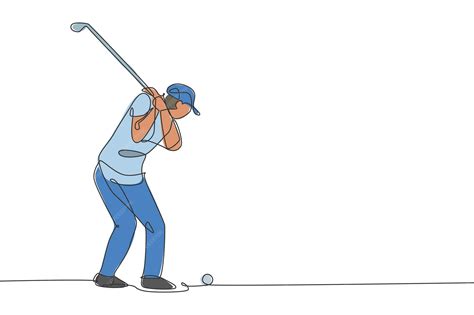 Un Dibujo De Línea Continua De Un Joven Jugador De Golf Haciendo Swing