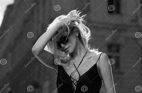 Portrait Of Beautiful Blonde Girl Walking In Street Young Hipster
