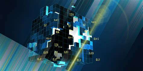 추상 시각화는 알고리즘 빅 그룹 큐브 데이터를 분석합니다 양자 가상 암호화 와이어프레임 박스 눈부신 라인과 광채가 있는 가상 현실 개념 비즈니스 과학 및 기술 배너 인공