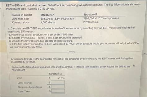 Solved Ebit Eps And Capital Structure Data Check Is