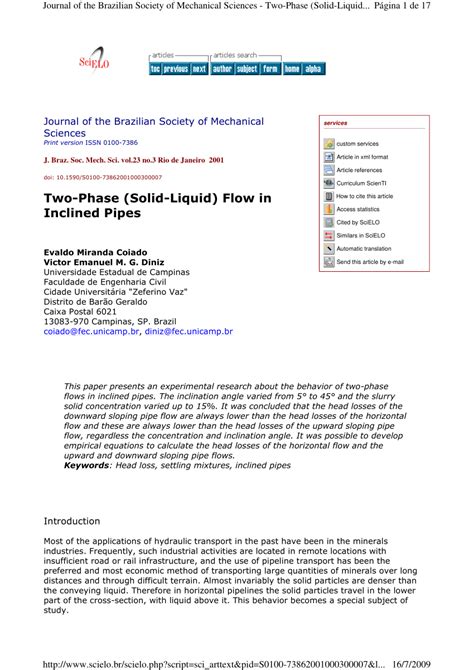 Pdf Two Phase Solid Liquid Flow In Inclined Pipes