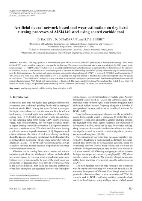 Pdf Artificial Neural Network Based Tool Wear Estimation On Dry Hard Turning Processes Of