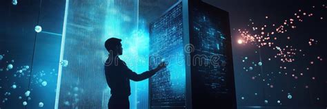 Quantum Computing Developer Works On Holographic Algorithms In A Dark High Tech Room With A