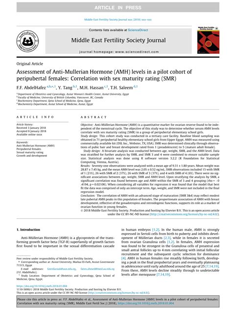 PDF Assessment Of Anti Mullerian Hormone AMH Levels In A Pilot Cohort Of Peripubertal
