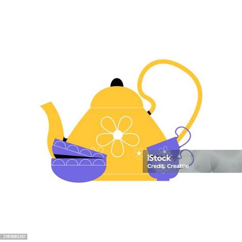 노란색 찻 주전자 컵과 함께 티 타임 휴식 그리고 사교 모임을 상징하는 평면 벡터 일러스트 레이 션 흰색 배경에 고립 0명에