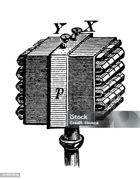 ภาพประกอบโบราณหลักการฟิสิกส์และการทดลองความร้อนและอุณหภูมิ แบตเตอรี่เทอร์โมไฟฟ้า ภาพประกอบสต็อก