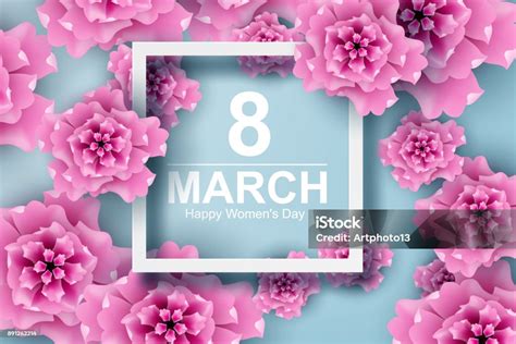 종이 예술과 공예 8의 꽃 여자의 날 및 종이 접기 개념 벡터 삽화와 함께 3 월 International Womens Day에