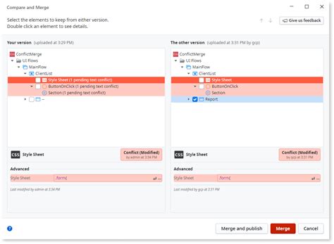 Compare And Merge Example With Conflicts Outsystems 11 Documentation