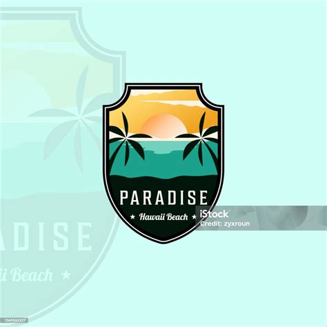 해변 또는 파라다이스 엠블럼 로고 현대 빈티지 벡터 일러스트 템플릿 아이콘 그래픽 디자인 야외 에서 야자수 또는 코코넛 나무