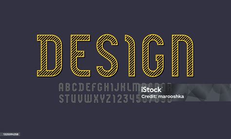 트렌디 한 줄무늬 글꼴 노란색 알파벳 0에서 9까지 A에서 Z와 아랍 번호로 현대 어퍼 케이스 라틴어 문자 벡터 일러스트 10eps 줄무늬에 대한 스톡 벡터 아트 및 기타