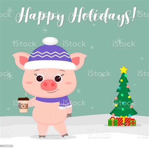 새 해 그리고 크리스마스 카드입니다 모자와 스카프 겨울 눈송이의 배경에서 커피 한 잔을 들고 있는 귀여운 돼지 크리스마스 트리와 선물 벡터 만화 스타일 0명에 대한 스톡