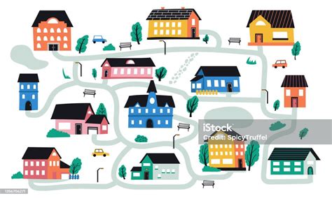 추상적인 마을 작은 창문 문 작은 벽 벽돌이 있는 귀여운 손으로 그린 아늑한 코티지 건물 나무와 도로와 함께 시골을 낙서 도시 지도 벡터 격리 된 그림 차에 대한 스톡 벡터