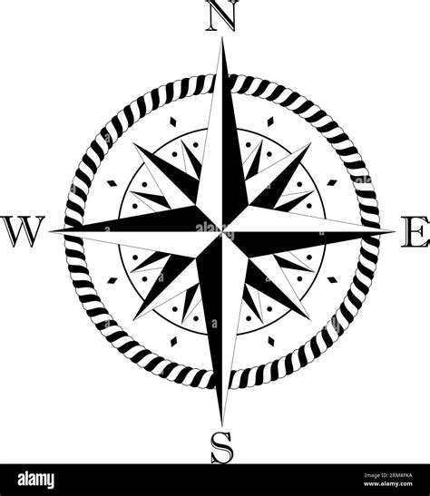 Compass Rose Vector With Four Wind Directions And Cord Frame In Black