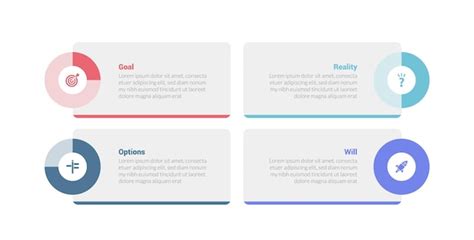 슬라이드 프레젠테이션을 위한 4점 단계 디자인으로 직사각형 상자 가장자리에 파이 차트와 함께 Grow 코칭 모델 인포그래픽 템플릿 다이어그램 프리미엄 벡터
